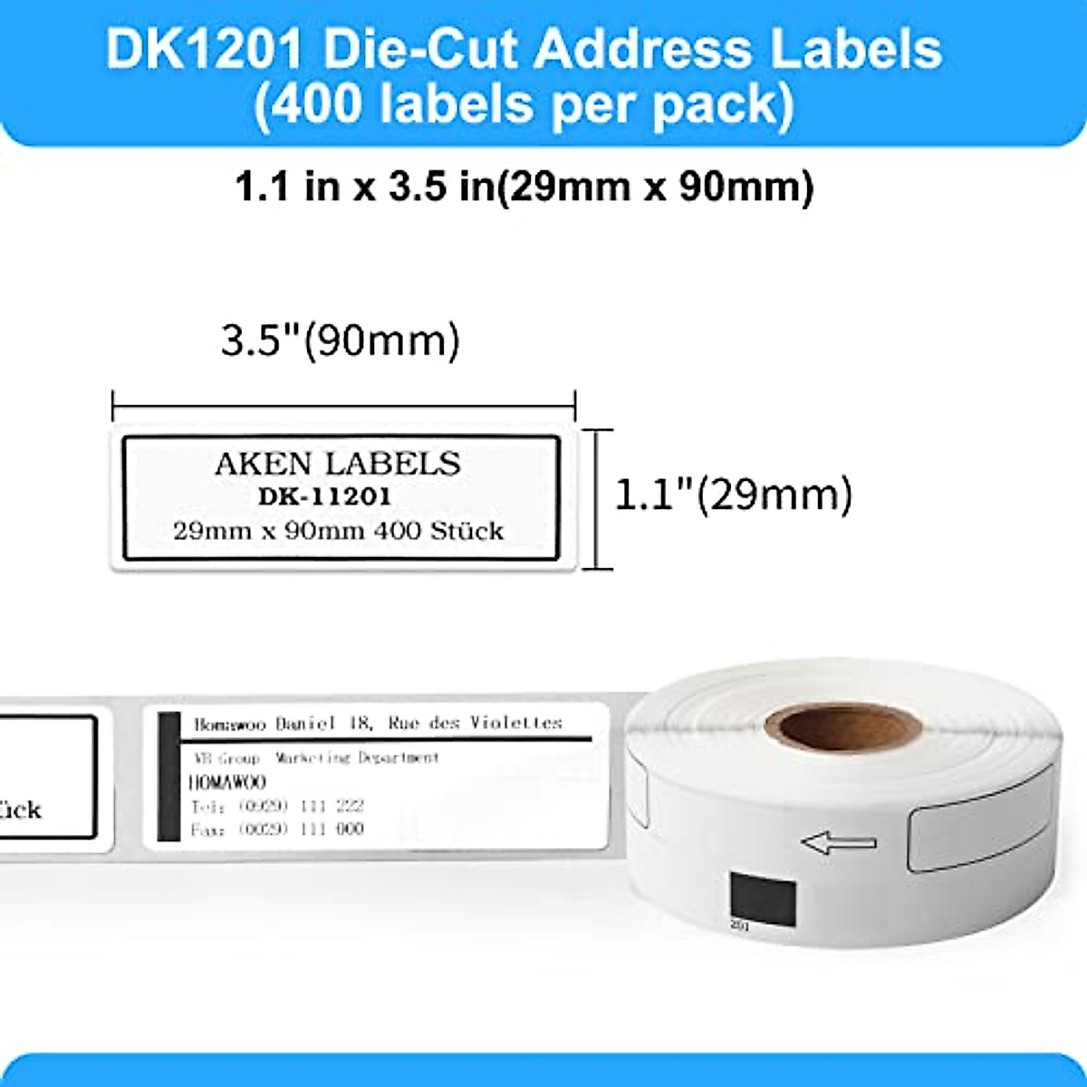 DK-1201 QL-800 Die Cut Address Label Replacement for Brother DK1201 Die-Cut Standard Rolled Address Labels 29mm x 90mm, Use for Brother QL-700 QL-810W QL-820NWB Label Printers, 12 Rolls(400pcs/roll)
