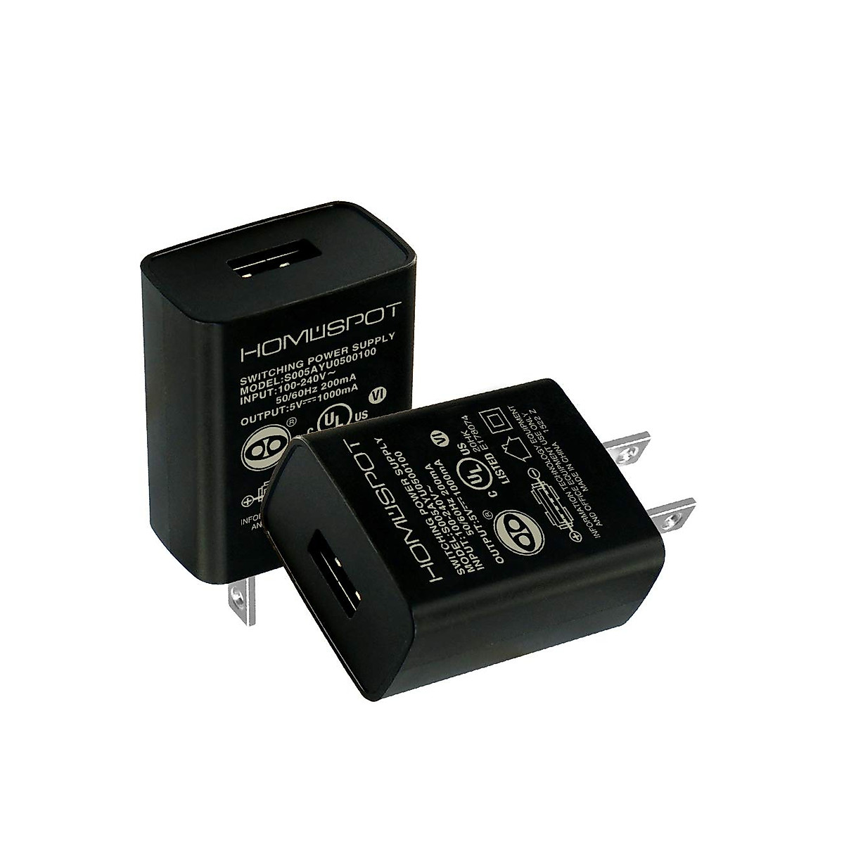 HomeSpot UL Listed Universal US 5V1A USB Wall Charger Plug in-Door Power AC Adapter for Travel Office Home Use - 2 Pack