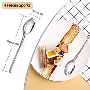 tiokin Sporks,4-Pack Salad Forks 18/10 Stainless Steel 7.4 Inches Long Handle Dessert Spoons Ice Cream Spoons Flatware Set Reusable Fruit Appetizer Dessert Forks for Household Use or Camping