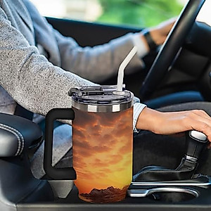 STVNKML 40 Oz Tumbler with Handle Sea Lighthouse in Sunset Stainless Steel Coffee Mug Reusable Travel Mug Leak-proof Insulated Car Cup Large Capacity Tumbler for Travel, Outdoor, Home Use (Black)