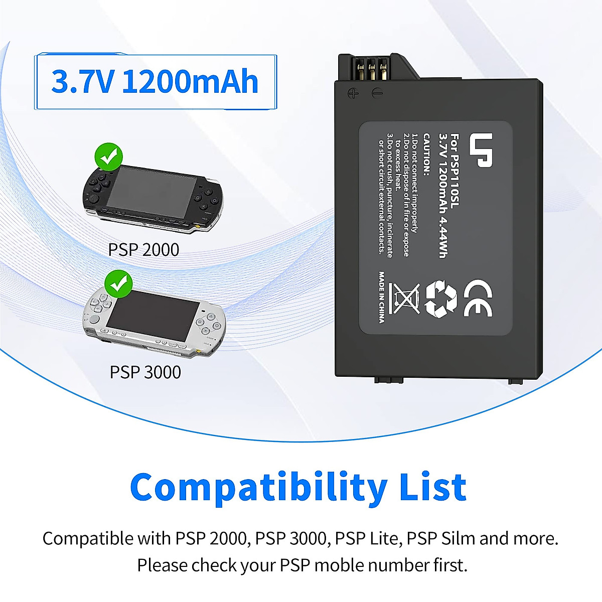 LP PSP S110 Battery, 1-Pack 3.7V 1200mAh Li-ion Rechargeable Battery, Compatible with Sony Play Station PSP 3000, PSP 2000 Series, PSP Lite, PSP Slim, PSP-S110 Console