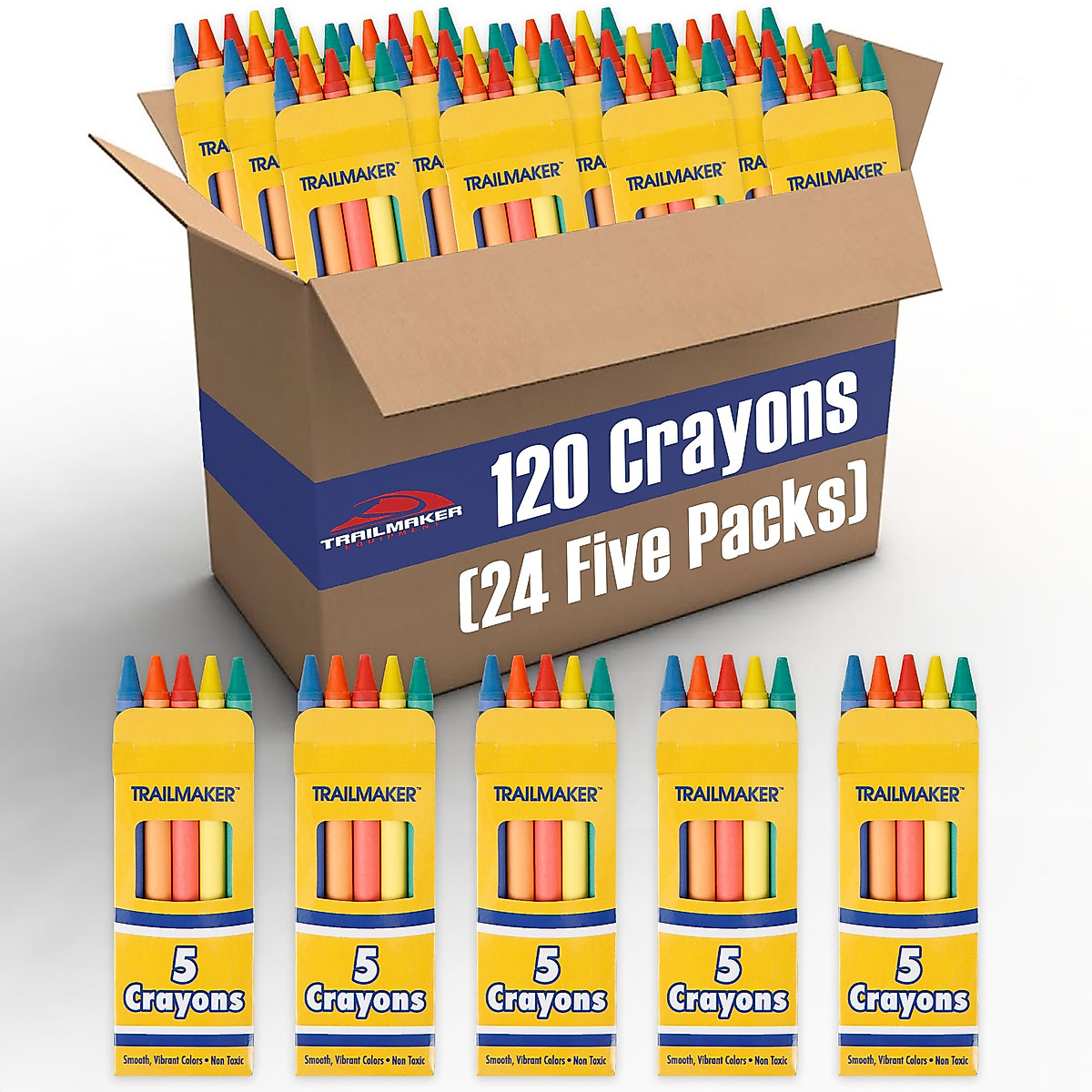 Trail maker Wholesale Bright Wax Coloring Crayons in Bulk 24 Pack, 5 Per Box in Assorted Bundle Art Sets (24 Pack)