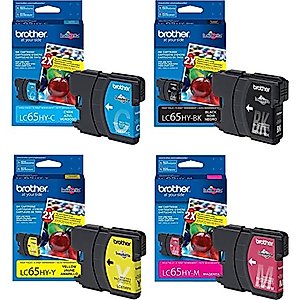 Brother LC65BK LC65C, LC65M, LC65Y HY High Yield Ink Cartridge Set of Black, Cyan, Magenta, Yellow -1 Each in Retail Packing