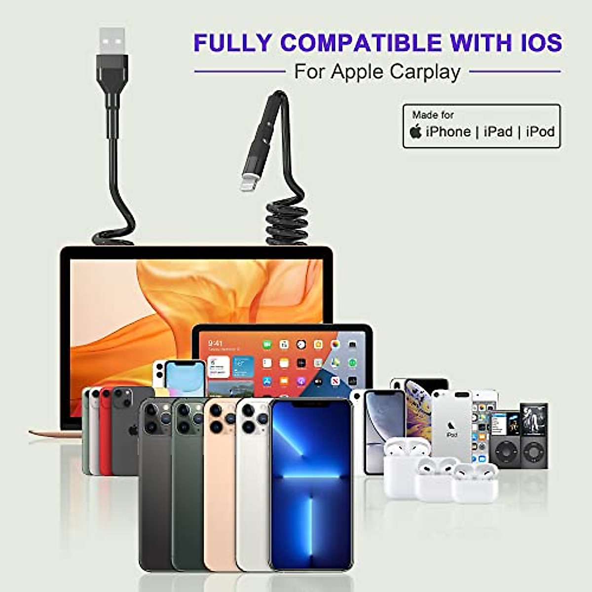 Coiled Lightning Cable Apple Carplay Compatible & MFi Certified, Short USB to Lightning Cable with Data Transmission and LED, Retractable iPhone Charger Cord for iPhone/Pad/Pod