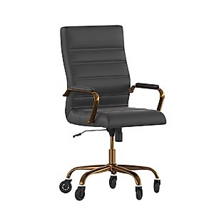 Flash Furniture Whitney High Back Black LeatherSoft Executive Swivel Office Chair with Gold Frame, Arms, and Transparent Roller Wheels