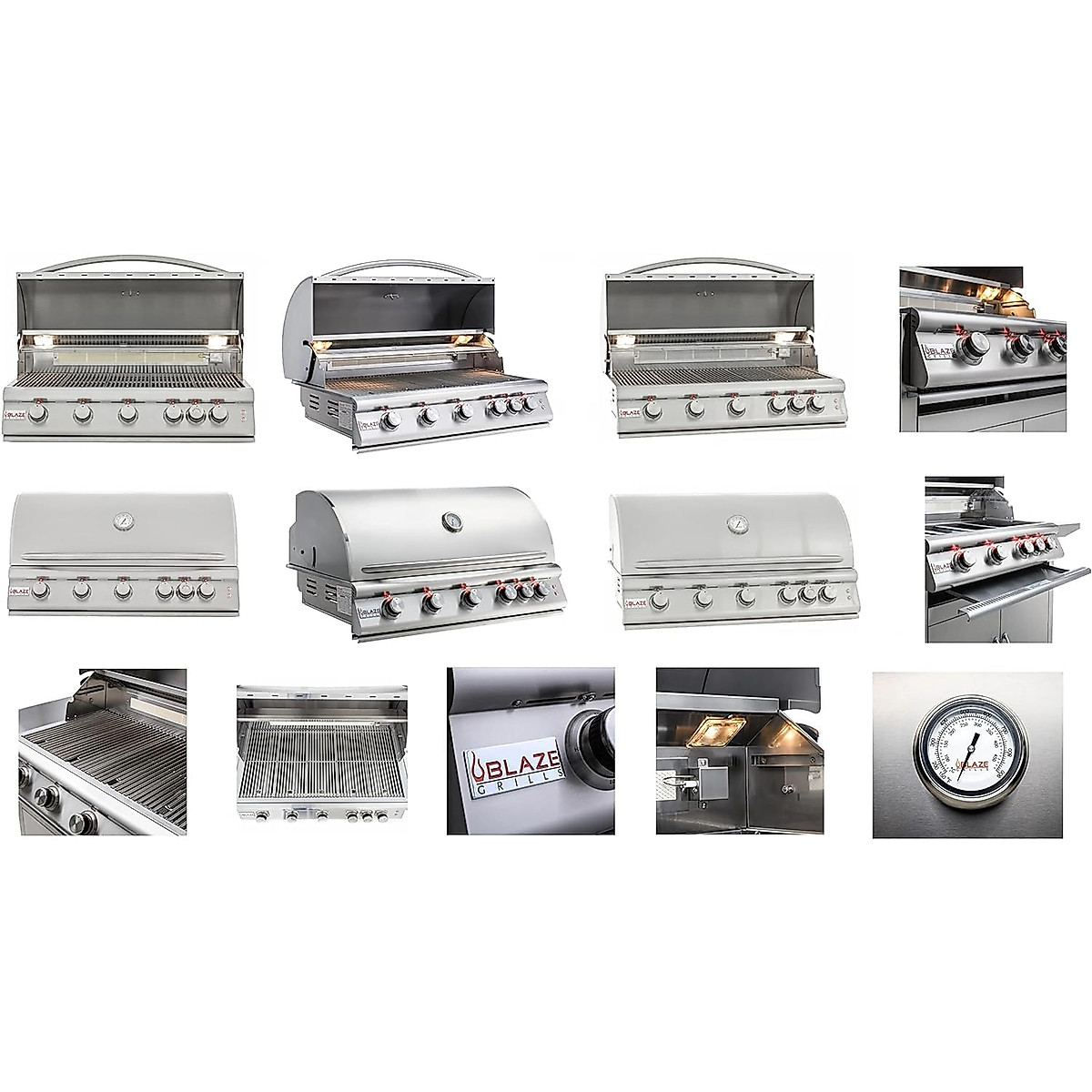 BLAZE BBQ Outdoor Gas Grill Package of 40” LTE Built-in Gas Grill, Dop-In Single Side Burner, 32” Door & Two Drawers Combo, Roll Out Double Trash Drawer, 20” Compact Refrigerator, and Accessories