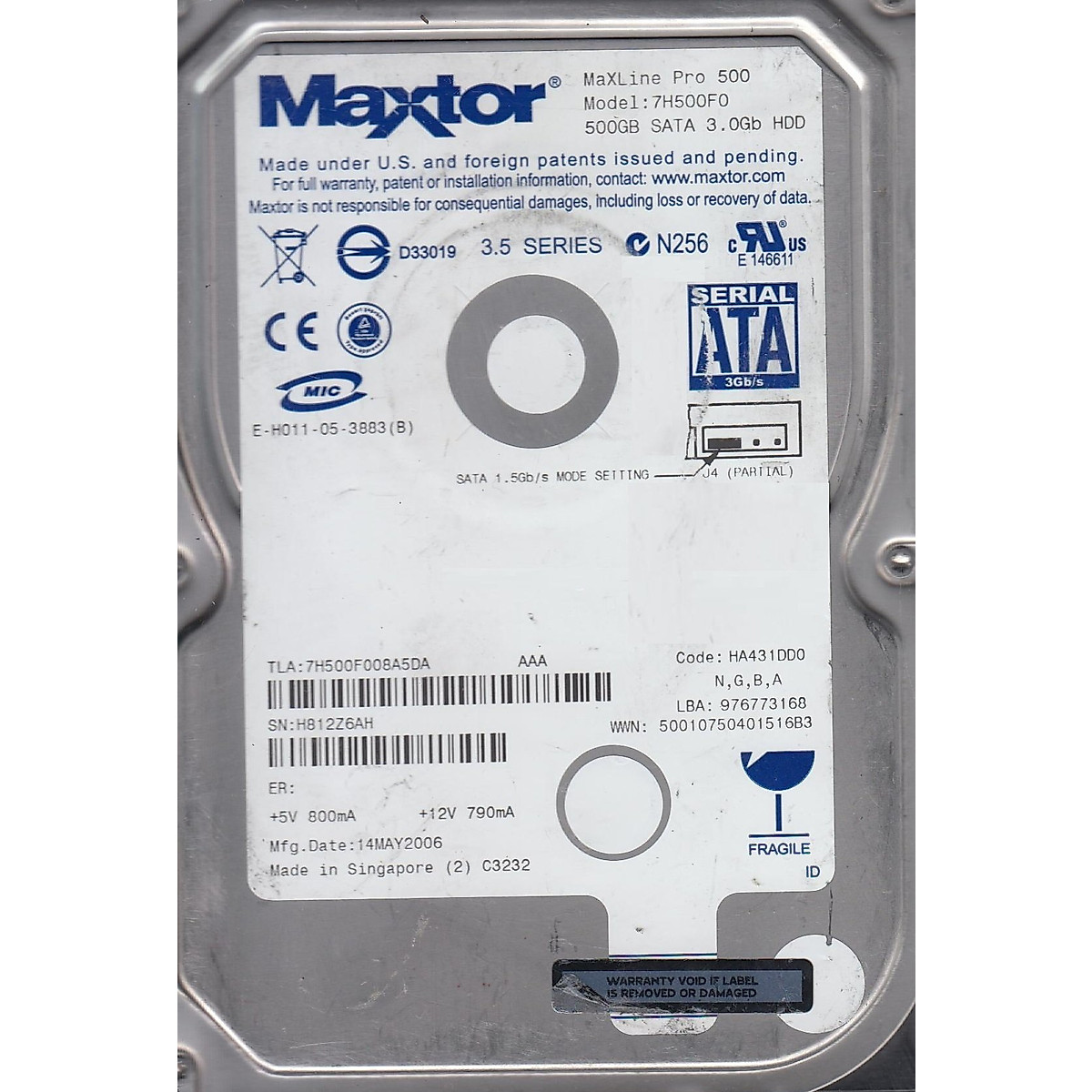 7H500F0, Code HA431DD0, NGBA, Maxtor 500GB SATA 3.5 Hard Drive