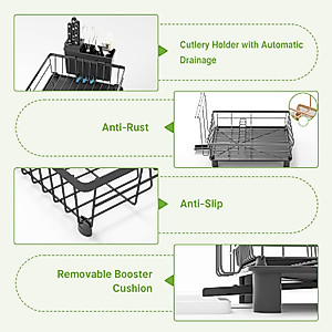 Dish Drying Rack - Stainless Steel Dish Rack for Kitchen Counter, Dish Drainer with Utensil Holder, Space-Saving, Rust-Resistant Dish Rack for Dishes, Glasses, and Cutting Board, 12''W x 15''L, Black