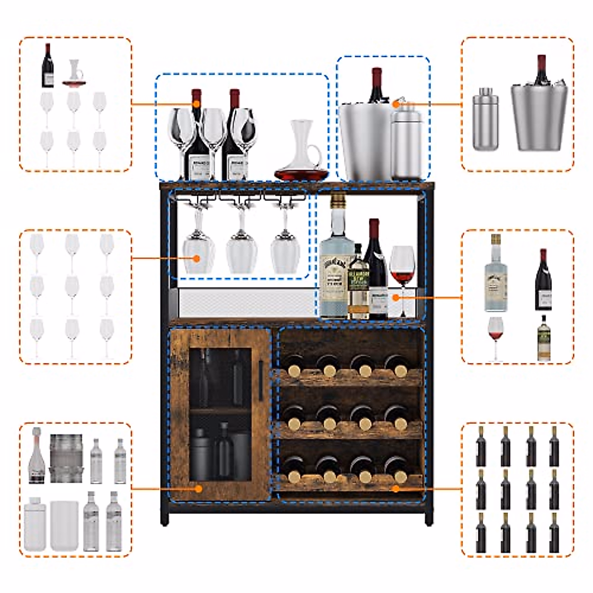 IDEALHOUSE 3-Tier Wine Bar Cabinet with Detachable Wine Rack and Drawer, Industrial Sideboard and Buffet Cabinet with Glass Holder and Mesh Door, Rustic Brown