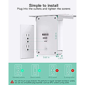 Wall Outlet Extender - Surge Protector 6 AC Outlets Multi Plug Outlet with Shelf, 2 USB and USB C Charging Ports Wall Plug Expander, USB Wall Charger Outlet Splitter for Home Dorm