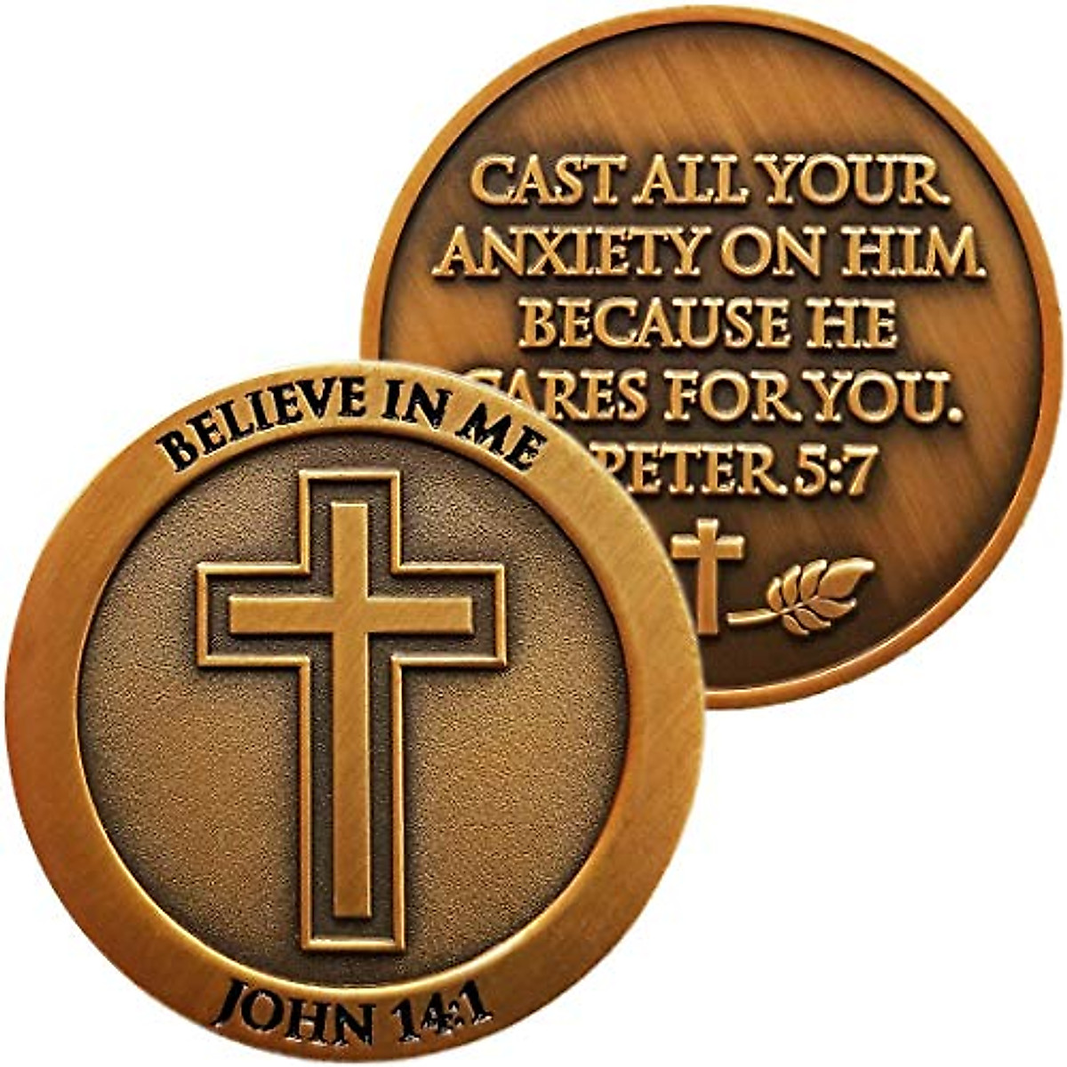 Don't Be Anxious Coin, Believe in me, Worry Stone for Anxiety, Antique Gold-Color Plated Challenge Coin, He Cares for You - 1 Peter 5:7 Gift