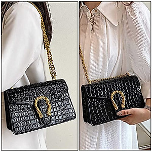 Qiayime Quilted Crossbody Shoulder Bag for Women Fashion Denim Leather Handbag Chain Messenger Satchel Purse Evening Bag (Crocodile black)