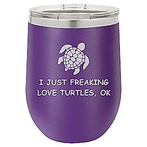 MIP Brand 12 oz Double Wall Vacuum Insulated Stainless Steel Stemless Wine Tumbler Glass Coffee Travel Mug With Lid I Just Freaking Love Turtles Funny (Purple)