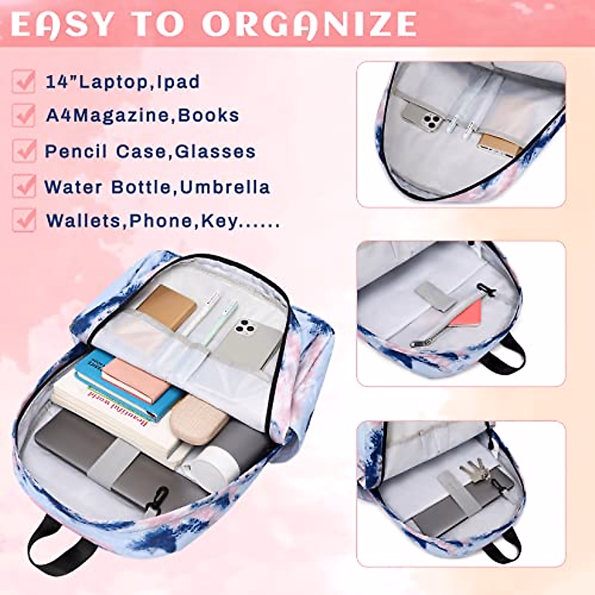 Lohol Lightweight Galaxy Backpacks for Teen Kids Girls Teens, Water Resistance Daypack for Travel, School (Tie dye Blue)