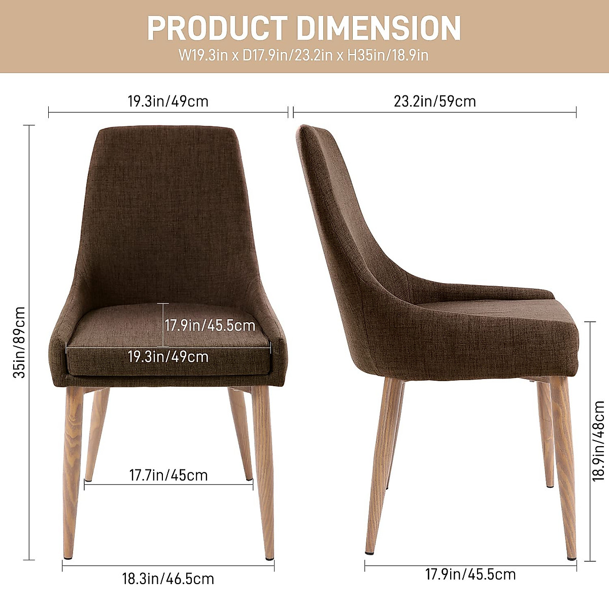 E&D FURNITURE Dining Chairs Set of 4, Dining Room Chairs Fabric Kitchen Chairs Set of 4 Sillas de Comedor Mid Century Modern Upholstered Dining Chairs 4 Pack Accent Chairs with Legs, Brown