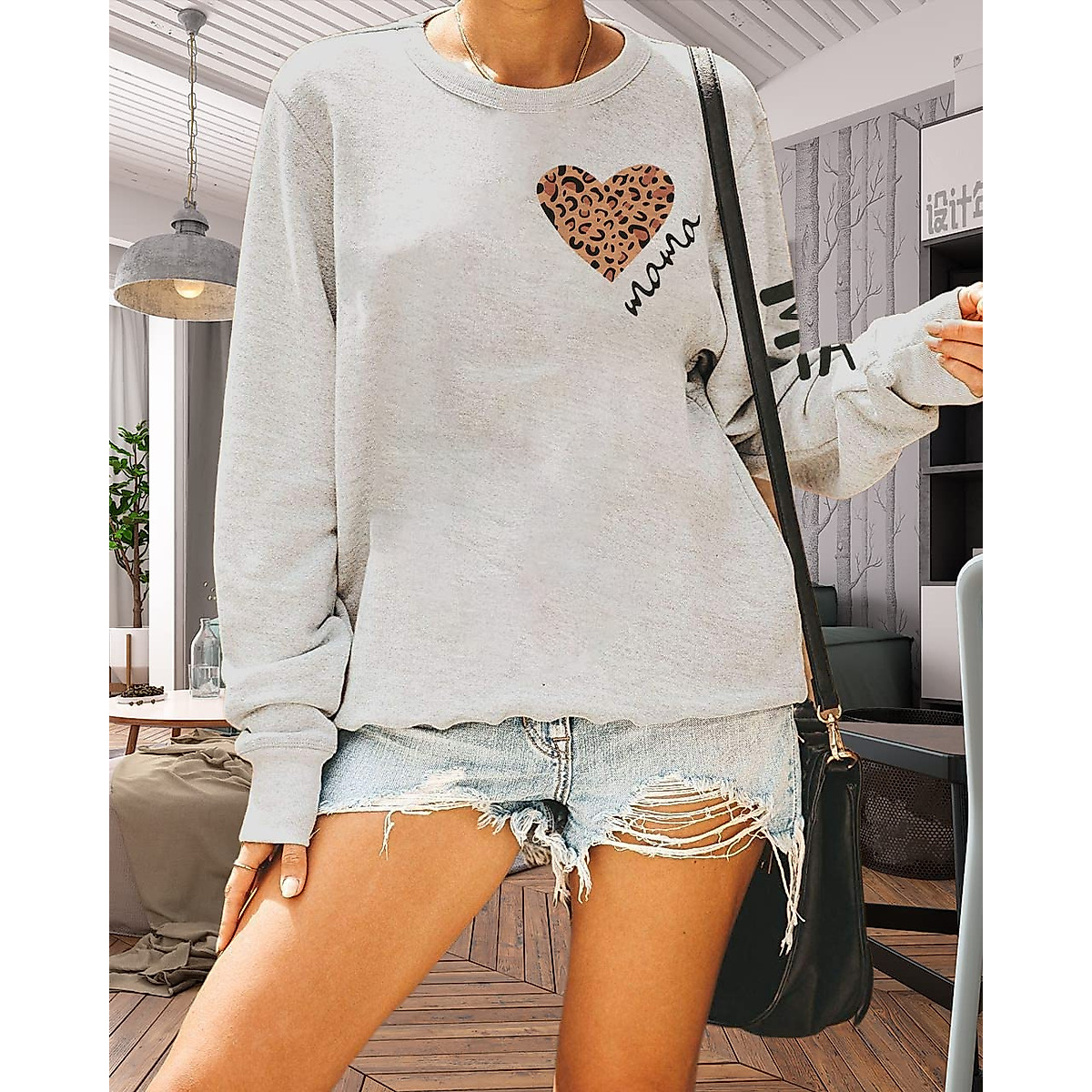 SFHFY Mama Sweatshirts Mom Crewneck Sweatshirt Mom Fashion Casual Letter Print Long Sleeve Shirt Pullover Tops Light Grey