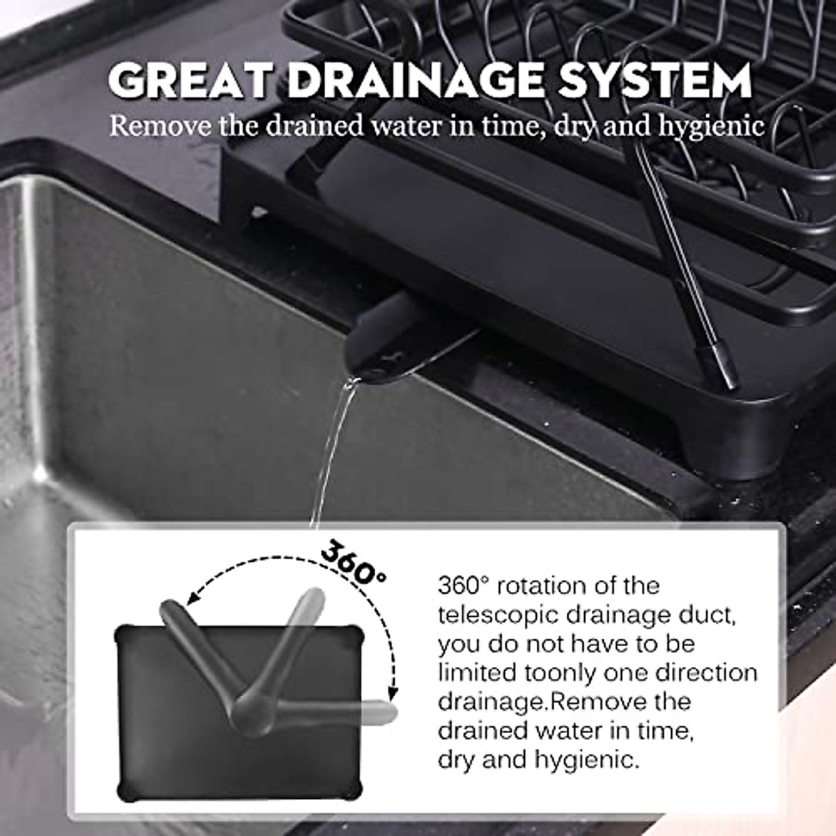 HIUHOME Dish Drying Rack with Drainboard,Rustproof Dish Racks for Kitchen Counter,Dish Drainer with Adjustable Spout (Black)