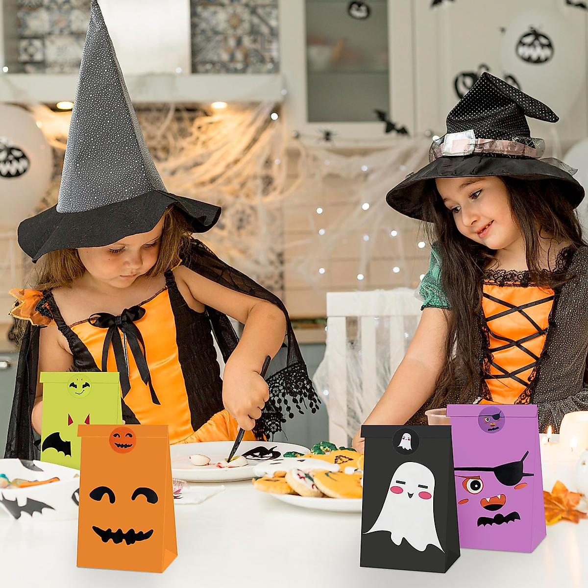 24 Pcs Halloween Treat Bags Set with Stickers, Assorted Paper Gift Candy Bags Including Ghosts, Cats, Pumpkins, and Spiders Designs for Trick-or-Treat, Goodie Bags, Party Favors, and Classroom Gifts