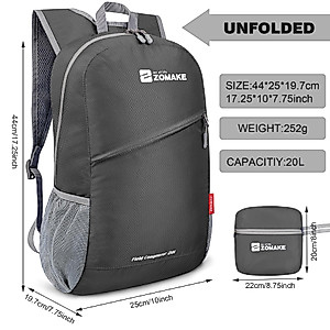 ZOMAKE 20L Packable Backpack:Lightweight Hiking Backpacks - Foldable Water Resistant Back Pack Packable Small Travel Day Pack for Camping Outdoor Hiking (Medium grey)
