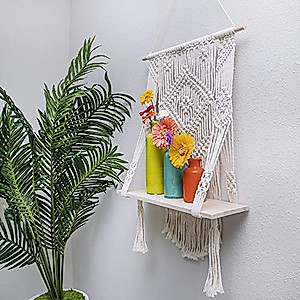 Qmercan Macrame Wall Hanging Shelf - Boho Indoor Hanging Shelves for Wall - Decorative Bohemian Floating Plants Organizer, Handmade Macrame Wooden Rope Woven Shelf for Indoor