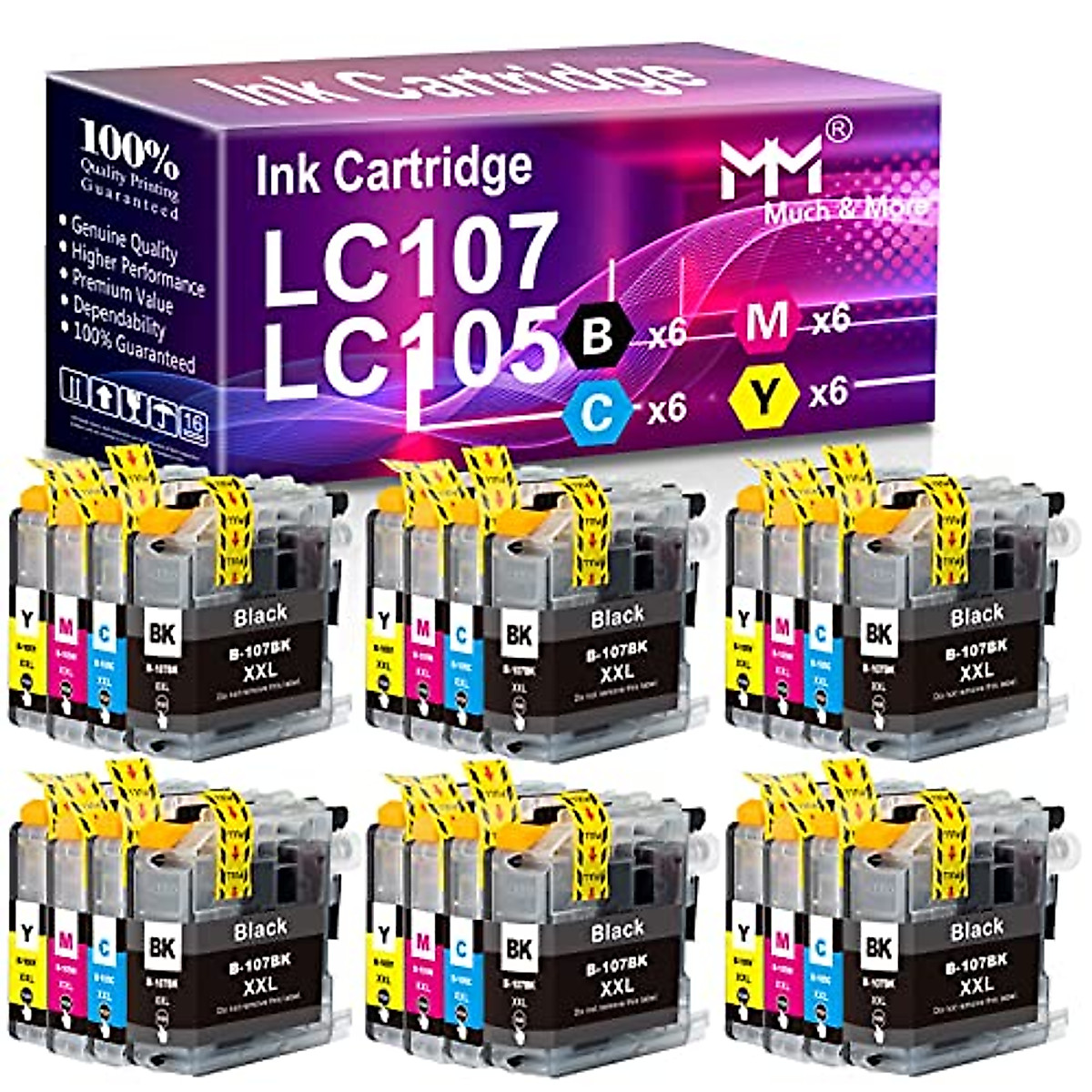 MM MUCH & MORE Compatible Ink Cartridge Replacement for Brother LC-107 LC-105 LC107 LC105 XXL used in MFC-J4510DW 4610DW MFC-J4710DW MFC-J4310DW J4410DW (24-Pack, 6 Black, 6 Cyan, 6 Yellow, 6 Magenta)