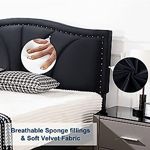 AsKmore Queen Size Bed Frame,Velvet Upholstered Platform Bed with Decorative Line & Nailhead Trim Headboard with Wood Slat Support,No Box Spring Needed，Easy Assembly, Black