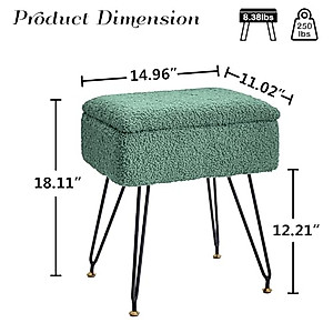 Leesingdo Vanity Stool Chair, Faux Teddy Fur Ottoman Foot Stool with Metal Legs & Adjustable Black Feet, Flip Top Storage Makeup Stool with Soft Padded Seat, Foot Rest for Makeup Room Bedroom, Green