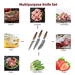 3PCS Japanese Kitchen Knife Set, Kaloo Japanese Knives, 7inch Chef knife, 7inch Cleaver knife, 6inch Boning knife and 3 Matched Knife Sheath, Stainless Steel Blade with Ergonomic Plastic Handle