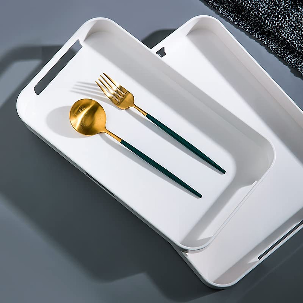 Plastic Serving Tray with Handles Rectangular in White 12.99inchx7.48inch, Breakfast Tray Reusable Charcuterie, Food, Snack, Dessert Platters, Used in Bedroom, Kitchen, Living Room, Bathroom…