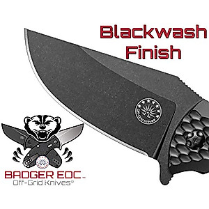 Off-Grid Knives - Badger EDC Knife, Cryo D2 Blade Steel, Grippy G10 Scales, Safety Grid-Lock, Reversible Tip-Up Deep Pocket Clip (Blackwash)
