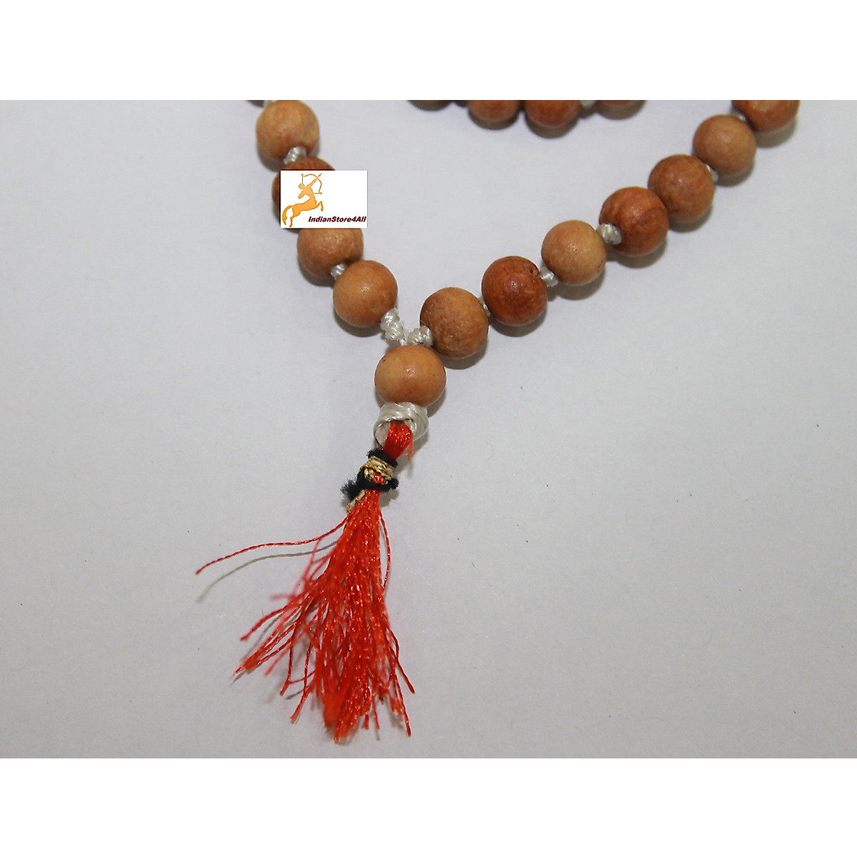 IS4A 8MM TULSI HOLY BASIL PRAYER BEADS JAPA MALA NECKLACE HAND KNOTTED. KARMA (108+1) BEADS. BLESSED & ENERGIZED HINDU TIBETAN BUDDHIST SUBHA ROSARY (ORANGE TESSEL)
