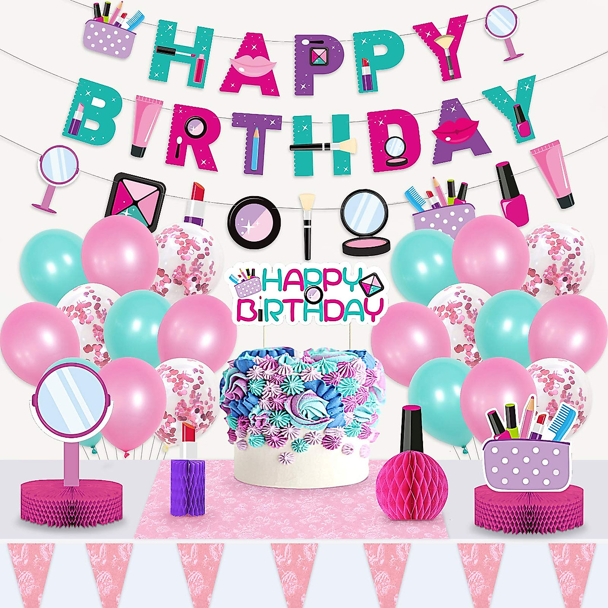 Sumind Spa Theme Party Supplies for Girls Makeup Party Decorations Includes 3 Happy Birthday Banner 1Cake Topper Pick and 20 Latex Balloons 4 Honeycomb Centerpieces for Spa Make up Theme Party Decor