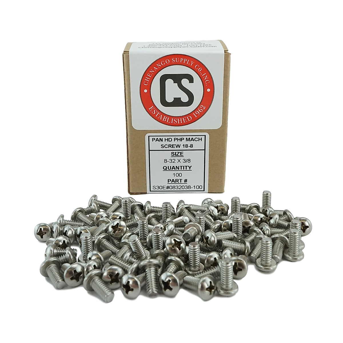 Chenango Supply Stainless 8-32 x 3/8inches (3/8inches to 3inches Lengths Available) Pan Head Machine Screws, Full Thread, Phillips Drive, Stainless Steel 18-8, Machine Thread (100 pcs, 8-32 x 3/8)