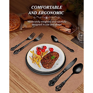 Aswwid 48 Pieces Black Silverware Set for 8, Retro Royal Flatware Set with Steak Knives, Gorgeous Stainless Steel Cutlery Utensil Set Include Forks Spoons and Knives, Mirror Finish,Dishwasher Safe