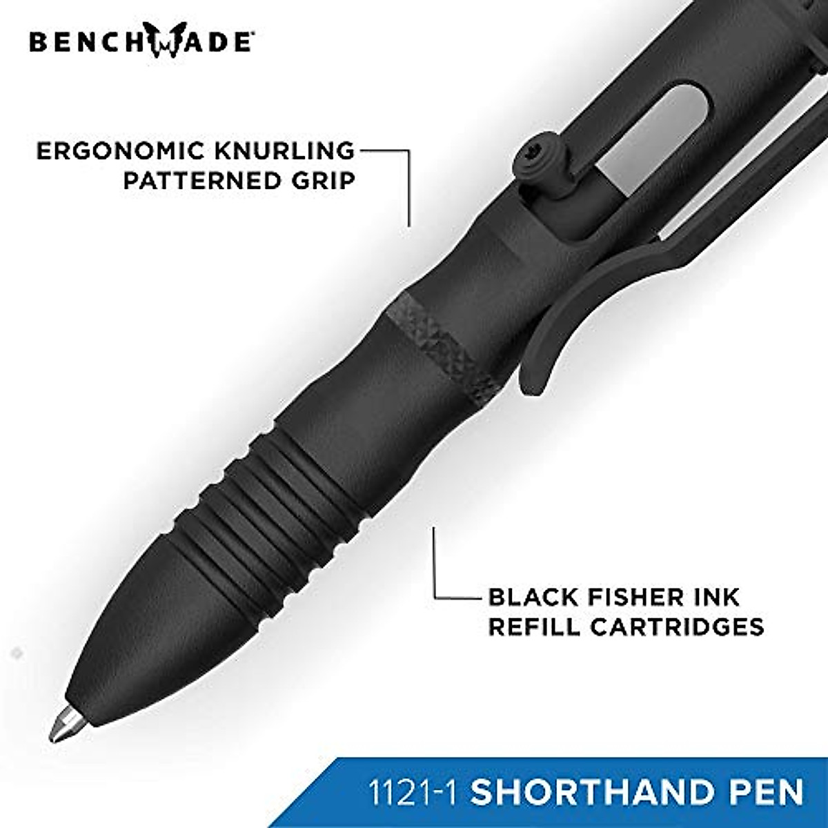 Benchmade - 1121-1 Shorthand Pen, Ergonomic Knurling Pattern, Black 6061-T6 Aircraft Aluminum Handle