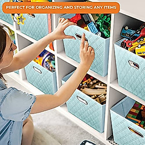 JIAessentials Medium 12-inch Blue Foldable Diamond Patterned Faux Leather Storage Cube Bins Set of Four with Handles with Dual Handles for living room, bedroom and office storage