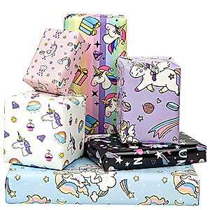 MAYPLUSS Wrapping Paper Sheet - Folded Flat - 6 Different Adorable Design (22.4 sq.ft.ttl.) - Uniconrn, Rainbow - 19.6 inch X 27.5 inch Per Sheet
