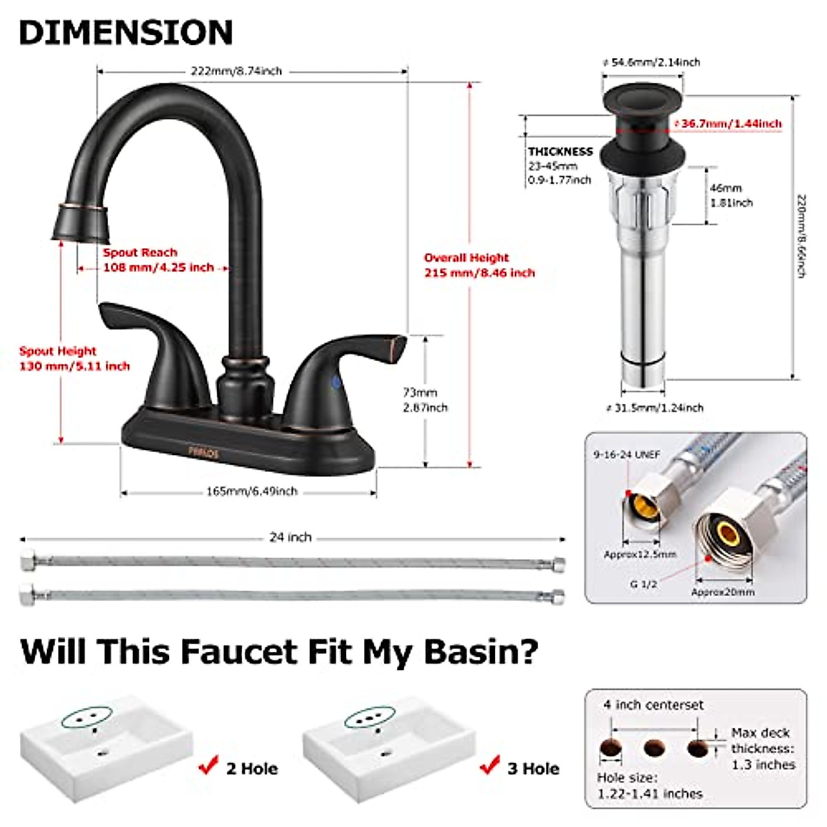PARLOS Double-Handle Lavatory Faucet with Metal Drain Assembly and Supply Hose Lead-Free cUPC Bathroom Faucet Mixer Two-Handle Lavatory Vanity Utility Laundry Faucet Oil Rubbed Bronze, 13592