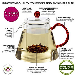 Teabloom Amore Glass Teapot – Stovetop Safe Glass Teapot with Removable Glass Infuser (34 OZ) – Two Blooming Tea Flowers Included