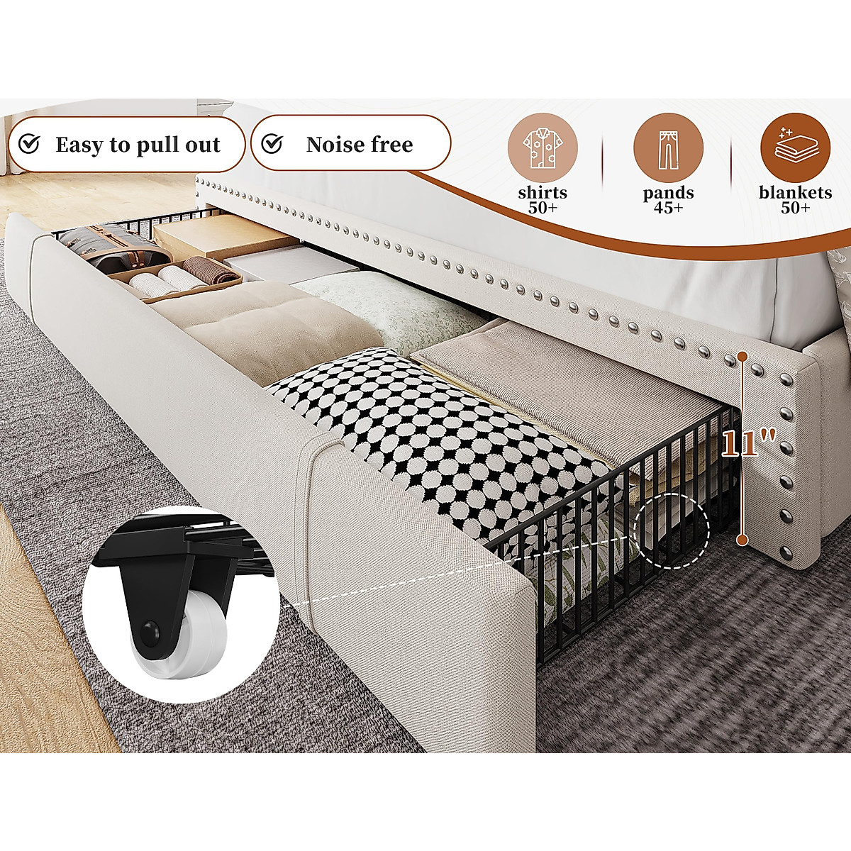 EnHomee Queen Bed Frame with Headboard and 3 Large Drawers, Upholstered Platform Bed Frame Queen Size with Storage, Queen Size Bed Frame with Headboard, Sturdy, No Box Spring Needed, No-Noise, Beige