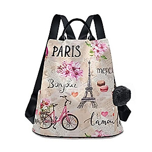 Mcyhzjd Backpack Purse, Paris Eiffel Tower with Rose Flowers French Anti-theft Casual College School Ladies Fashion Shoulder Bag