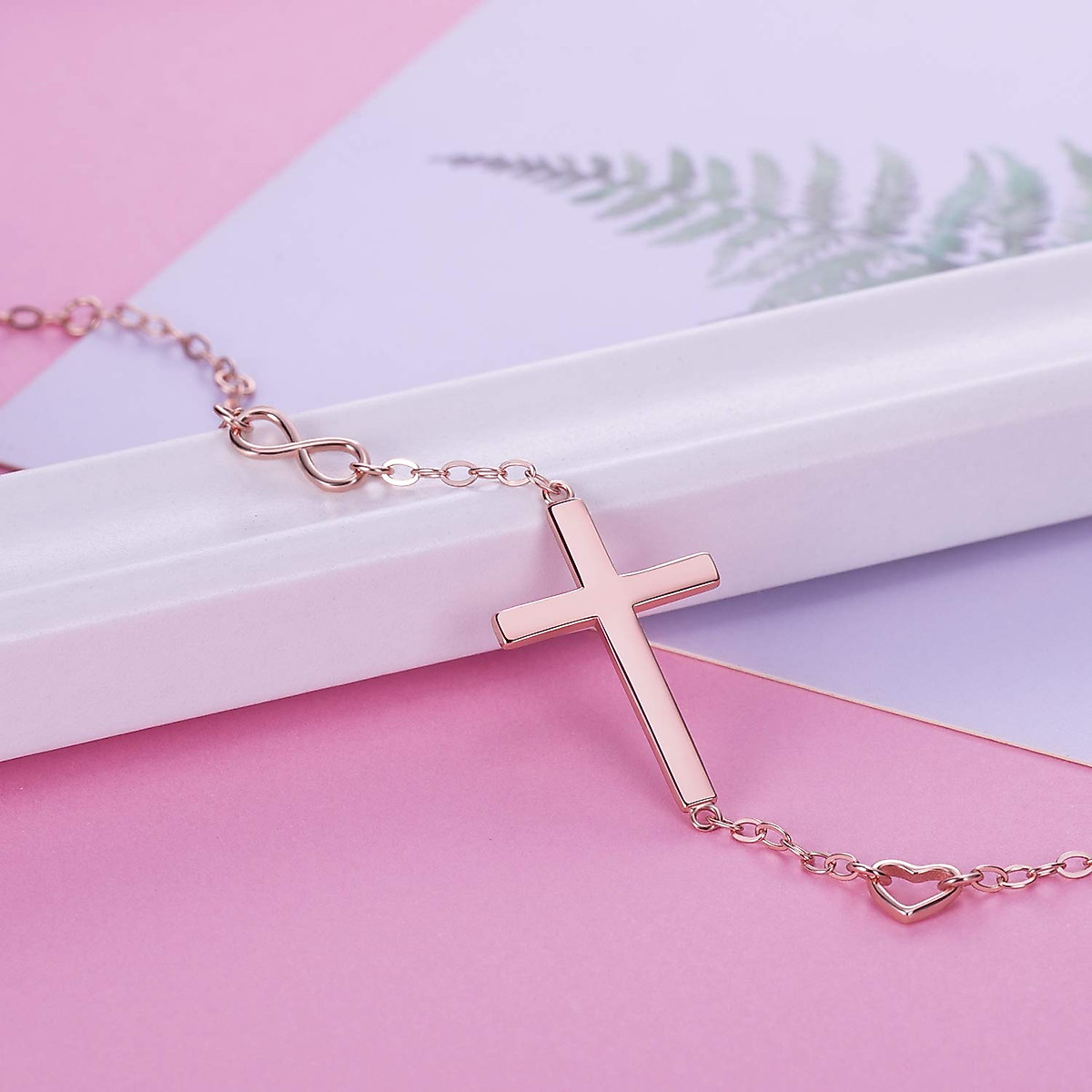BlingGem Cross Bracelet for Women Rose Gold Plated 925 Sterling Silver Dainty Religious Christian Bracelet Faith God Blessed Confirmation Gifts