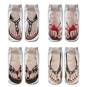 Syrisora 4 Pairs Funny Flip Flop Socks - Manicure Print Socks 3D Pattern Socks Sandal Printed Socks Low Cut Ankle Socks Running Yoga Socks (B)
