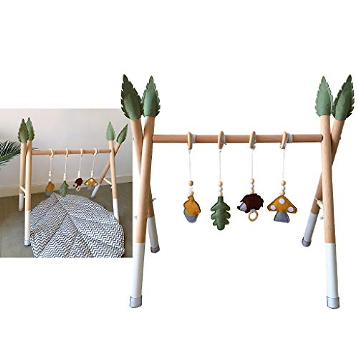 menolana Portable Wooden Baby Gym, Foldable Baby Play Gym Frame with Wooden Baby Toys, Baby Exercise Activity Gym Hanging Bar Newborn Baby Gift - JSJ3-9, with 4 Hanging Toys