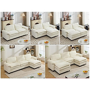 Aoowow Modular Sectional Sofa Modern Convertible U Shaped Couch,118.9 Inch Deep 3-Seater Sofas Set Comfy Chenille Cloud Sofas and Couches with Movable Ottoman for Living Room Apartment(Beige)