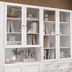 Homsee Tall Bookcase Bookshelf with Glass Doors & Countertop, Wooden Storage Cabinet with 3 Drawers, Display Cabinet for Living Room, Home Office, White (94.5”L x 15.7”W x 70.9”H)
