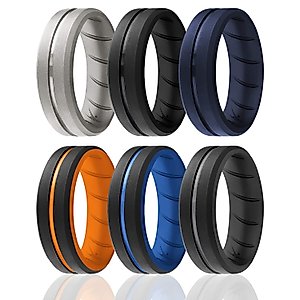 ROQ Silicone Rubber Wedding Ring for Men, Comfort Fit, Men's Wedding Band, 8mm Wide 2mm Thick, Engraved Duo Middle Line, 6 Pack, Black, Silver, Grey, Dark Blue, Orange, Light Blue, Size 9