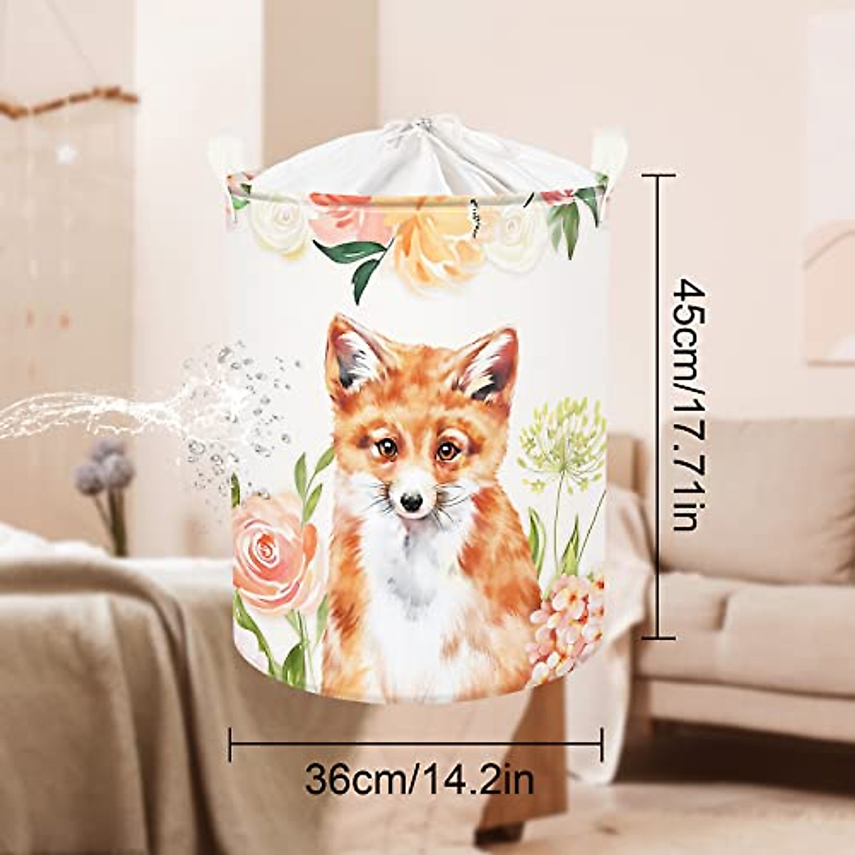 Clastyle 45L Fox Pink Flowers Laundry Basket with Handle Spring Garden Blossom Floral Laundry Hamper with Drawstring Cute Animal Round Toy Clothes Storage Basket for Bedroom, 14.2x17.7 in