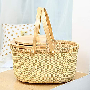 Teng Tian Nantucket Basket Crafts Cane-on-Cane Weave Picnic Basket Shopping Basket Basket Storage Basket Two Swing Handles (Ash Activity Double Open)