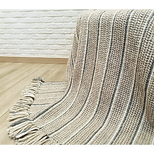 Crochet wool Blanket Gray Beige Warm throw blanket merino Knit Handmade Throw, 43x63 inches